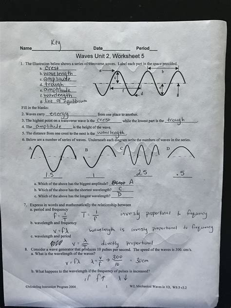 Waves Review Worksheet Answer Key