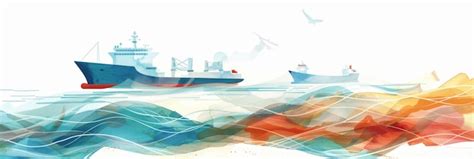 Ships Sailing On The Ocean Two Ships Sail On A Calm Ocean With Abstract Wave Patterns In The