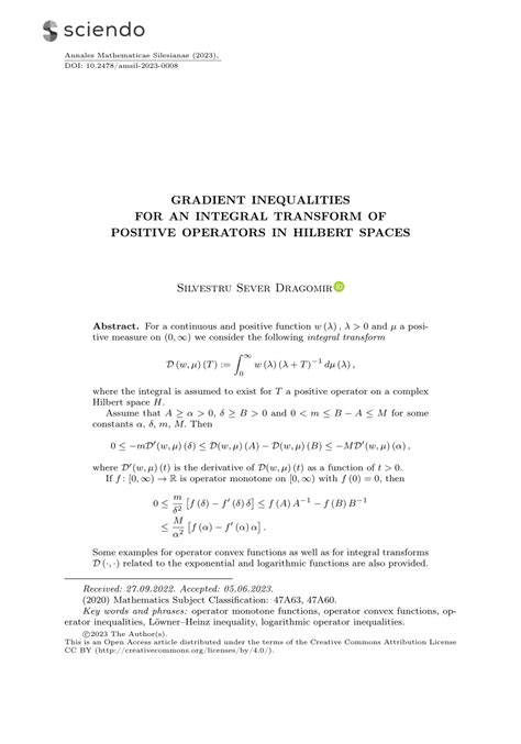 Pdf Gradient Inequalities For An Integral Transform Of Positive Operators In Hilbert Spaces