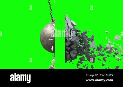 metallic wrecking ball shattering the wall side view green screen 3d