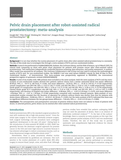 Pdf Pelvic Drain Placement After Robot Assisted Radical Prostatectomy Meta Analysis