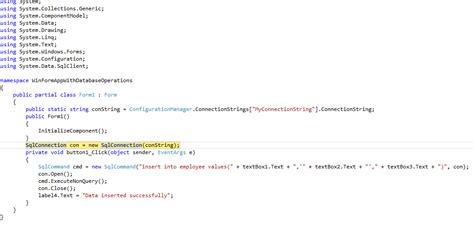 c connection fails while trying to insert data through a winform