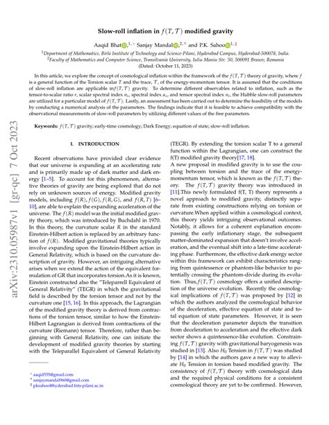 Pdf Slow Roll Inflation In F T Mathcal{t} Modified Gravity