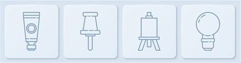 페인트 팔레트 이젤 또는 페인팅 아트 보드 푸시 핀 및 전구로 라인 튜브를 설정합니다 흰색 정사각형 버튼 벡터 아이콘에 대한 스톡 벡터 아트 및 기타 이미지 Istock