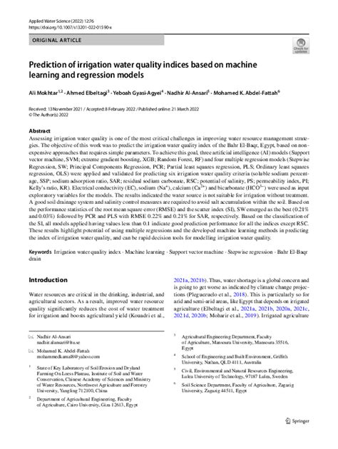Pdf Prediction Of Irrigation Water Quality Indices Based On Machine Learning And Regression Models