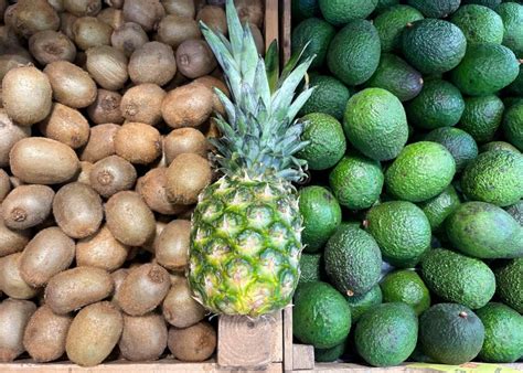 Pineapple Kiwi And Avocado Supermarket Wooden Boxes Stock Image Image Of Healthy Fresh 281863695