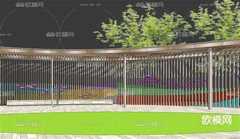 现代弧形彩色格栅廊架su模型下载id12069275sketchup模型下载 欧模网
