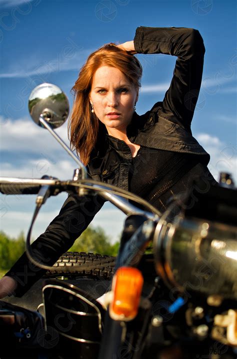 Redhead Girl Posing Ona Retro Motorbike Stock Photo Crushpixel