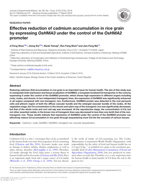 Pdf Effective Reduction Of Cadmium Accumulation In Rice Grain By Expressing Oshma3 Under The