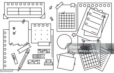 라인 용지 스티커 메모 알림 할 일 목록 스티커 테이프 및 핀 세트 낙서 스타일의 불렛 저널 요소 흰색 배경에 벡터 그림 벡터에 대한 스톡 벡터 아트 및 기타 이미지