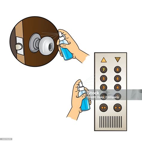바이러스 감염을 방지하기 위해 도어 노브와 엘리베이터 버튼에 에탄올 스프레이를 사용하여 인간의 손의 클로즈업 샷 몸안으로 문손잡이에 대한 스톡 벡터 아트 및 기타 이미지