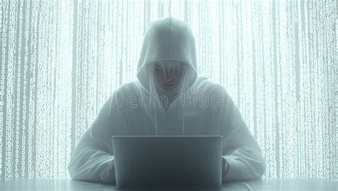 computer laptop is typed by anonymous hacker wearing white hoodie