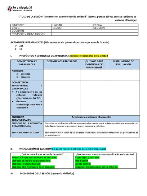 Esquema de Sesión de Aprendizaje Formato | PDF | Evaluación | Aprendizaje