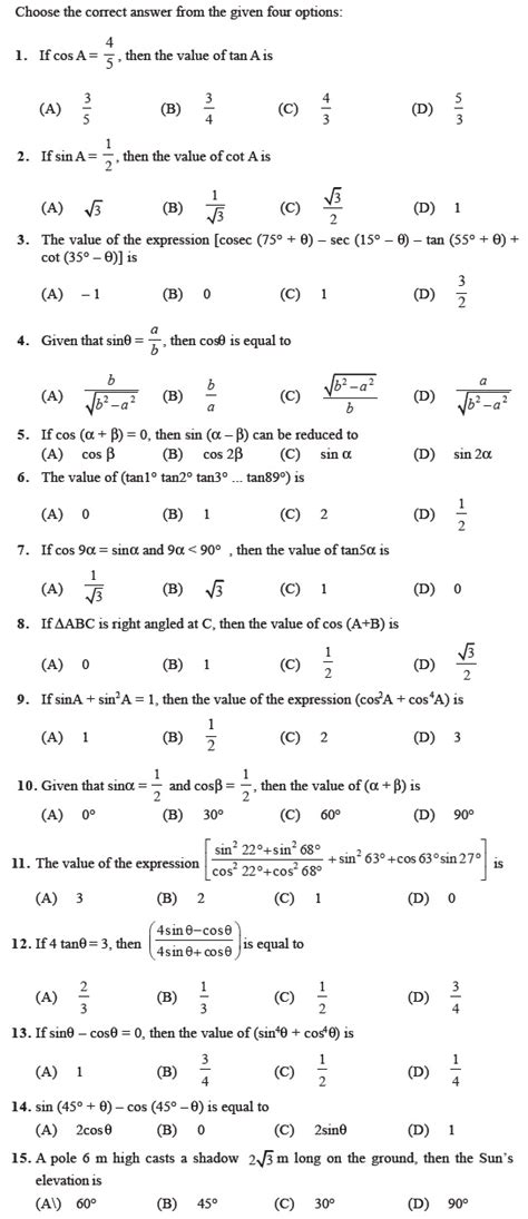 Class 10 Important Questions For Maths Introduction To Trigonometry And Its Applications Ncert
