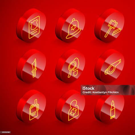 Id 케이스 영국 경찰 헬멧 판사 망치 군용 칼 발자국 호루라기 워키 토키 및 촬영 아이콘에 대한 인간 대상 스포츠와 라인 경찰 배지를 설정합니다 벡터 3차원 형태에 대한