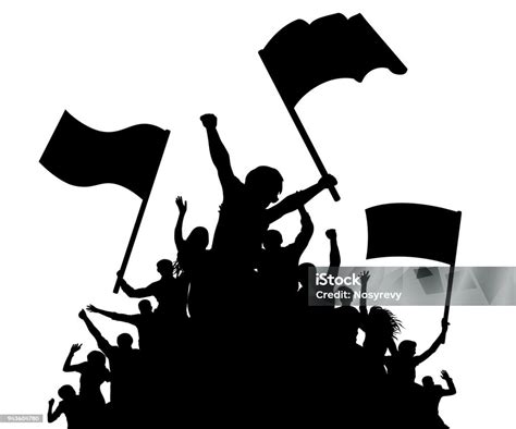쾌활 한 무리 사람들이 실루엣 군중 박수입니다 팬 댄스 콘서트 디스코입니다 데모 시위입니다 플래그와 함께 스포츠 팬 기에 대한 스톡 벡터 아트 및 기타 이미지 Istock