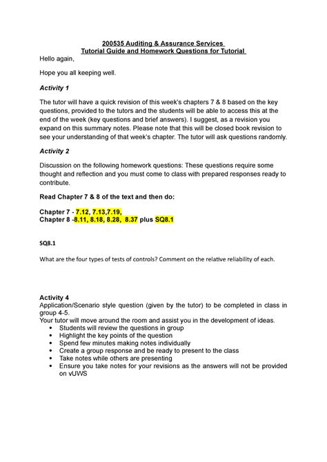 Tutorial 8 HW QUESTIONS 200535 UWS Studocu