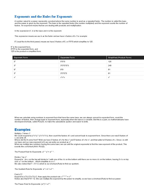 Exponents And The Rules For Exponents Pdf Multiplication Exponentiation