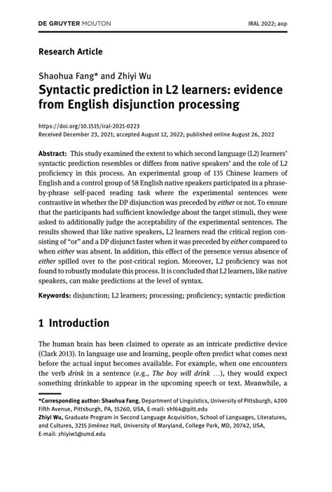 Pdf Syntactic Prediction In L2 Learners Evidence From English