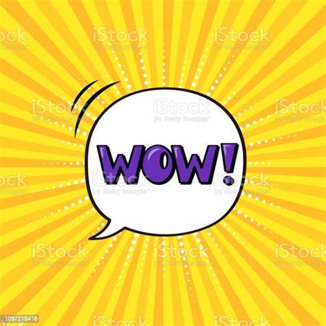 연설 거품이 와우 광선 노란색 만화 배경에 있다 컬러 팝 아트 스타일 사운드 효과입니다 하프톤 벡터 일러스트 레이 션 배너입니다 벡터 만화 스타일의 일러스트 레이 션