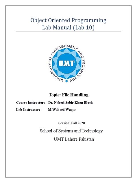 Object Oriented Programming Lab Manual Lab 10 Topic File Handling