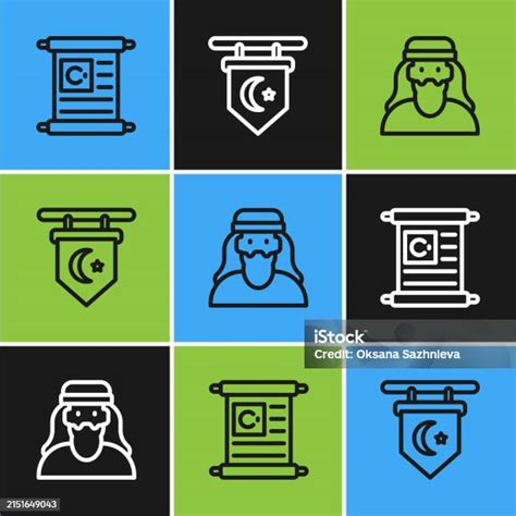 세트 라인 코란 무슬림 남자와 별과 초승달 아이콘의 거룩한 책 벡터 0명에 대한 스톡 벡터 아트 및 기타 이미지 0명 Eid Ul Fitr 기 Istock