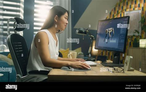 Asian Woman Working On Pc In 3d Modeling Program Remotely From Home
