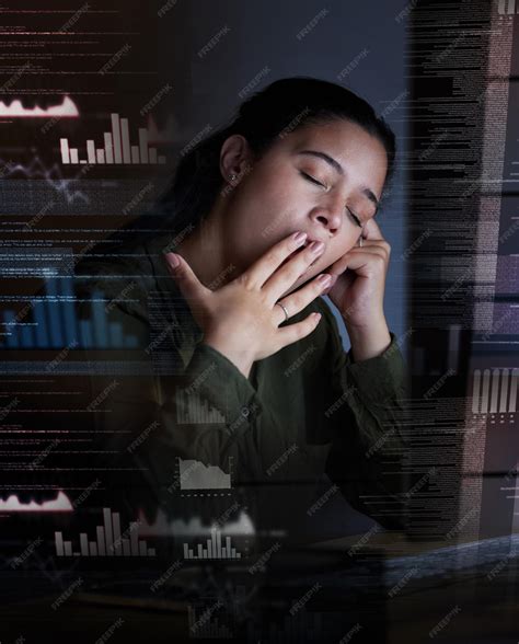 Premium Photo Yawn Digital Hologram And Woman At Night In Office For