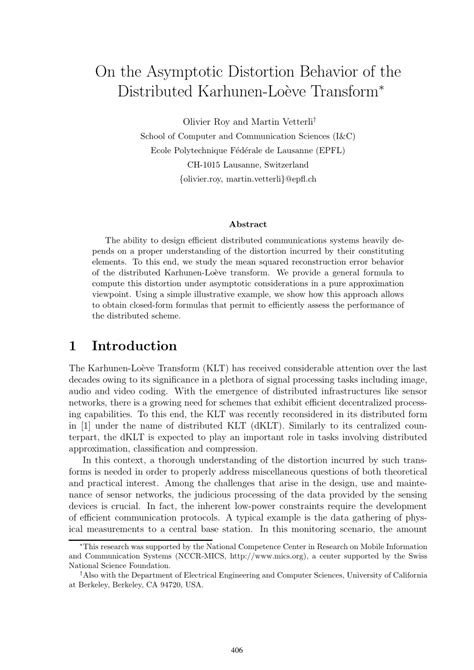 Pdf On The Asymptotic Distortion Behavior Of The Distributed Karhunen
