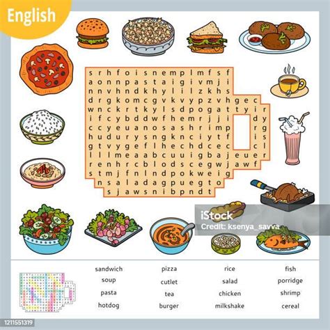 단어 검색 퍼즐 음식의 만화 세트입니다 아이들을위한 교육 게임 영어 학습을위한 벡터 컬러 워크 시트 음식에 대한 스톡 벡터 아트 및 기타 이미지 Istock