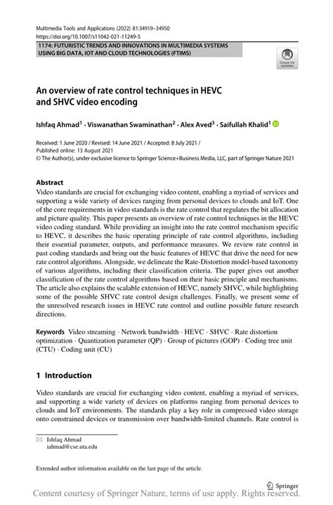 An Overview Of Rate Control Techniques In Hevc And Shvc Video Encoding