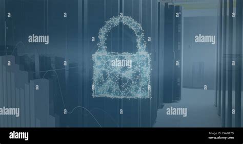 image of connected dots forming lock and graphs over data server racks
