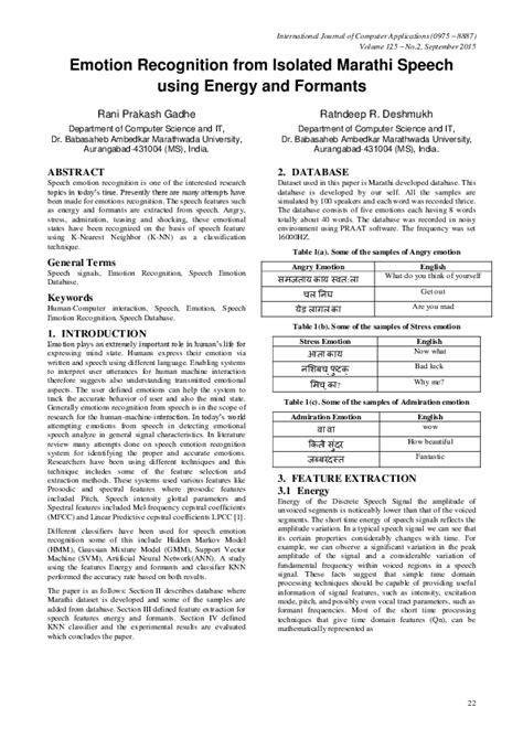 Pdf Emotion Recognition From Isolated Marathi Speech Using Energy And Formants