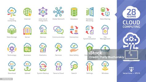 클라우드 컴퓨팅 색상 모양 아이콘 네트워크 컴퓨터 데이터 서버와 무선 인터넷 기술 다채로운 기호 설정 아이콘에 대한 스톡 벡터