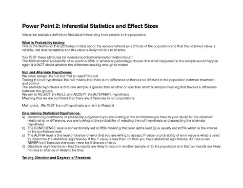 Inferential Statistics Study Guide Power Point Inferential Statistics And Effect Sizes