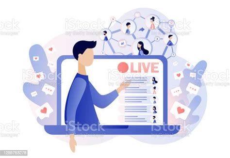 라이브 스트리밍 노트북 화면과 시청자가 댓글을 달고 소셜 네트워크에서 라이브 스트림을 수행하는 작은 블로그 현대 플랫 만화 스타일 흰색 배경의 벡터 그림 테크놀로지에 대한