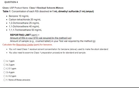 Solved Question 4 Given Usp Product Name Class 1 Residual