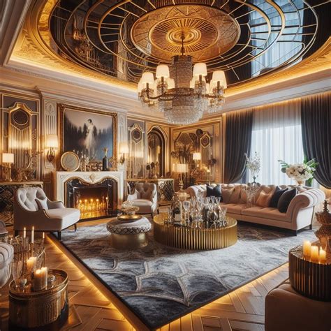 Luxury House With Large Blue Couch In Living Room Art Deco Decor
