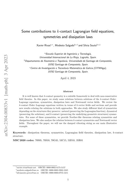 Pdf Some Contributions To K Contact Lagrangian Field Equations Symmetries And Dissipation Laws