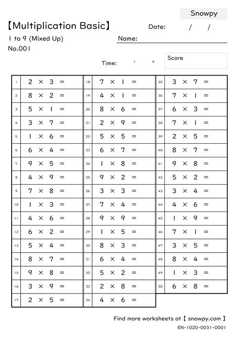 Multiplication Basic 1 To 9 Mixed Up 50 Problems Snowpy