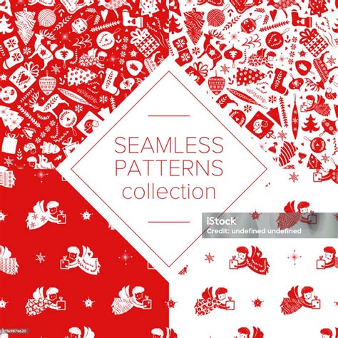 크리스마스 트리 눈송이 별 사슴 양말 공 꽃 모티브 천사 요소의 다양한 간단한 원활한 패턴 휴일 축하 스칸디나비아 북유럽 스타일 크리스마스 새해 장난감 개체 그룹에 대한