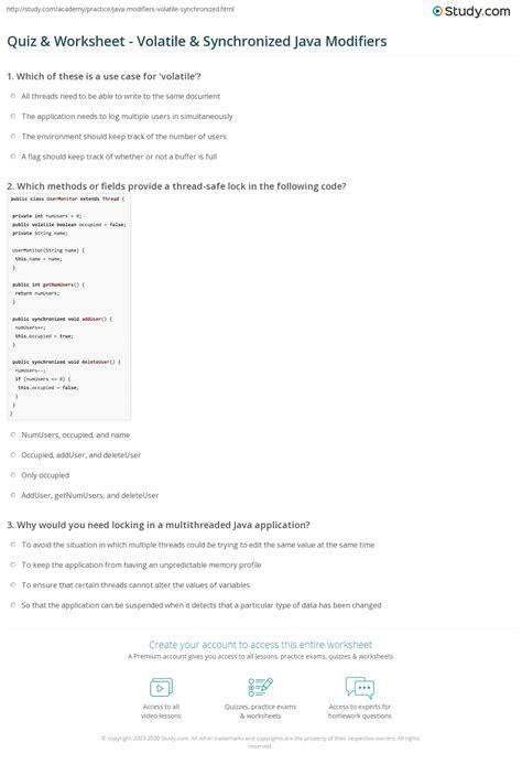 Quiz And Worksheet Volatile And Synchronized Java Modifiers