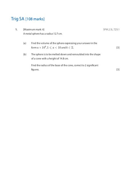 Trig Sa Questions For Practice Pdf Area Sphere