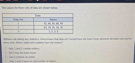 The Values For Three Sets Of Data Are Shown Below Without Calculating Any Statistics Ann