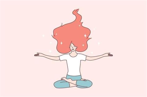 로터스 위치에 두 팔을 벌려 바닥에 앉아 빨간 머리를 가진 행복한 여자 프리미엄 벡터 Minimal Drawings Cartoon Styles Dark Wood