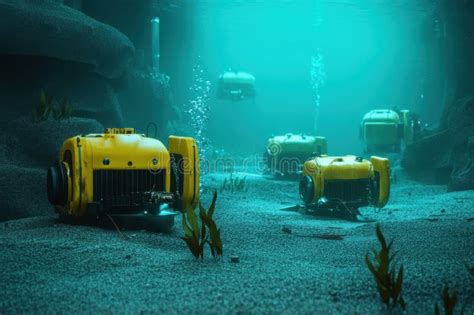 Underwater Robots Explore The Ocean Floor In A Vibrant Marine Environment Stock Image Image Of
