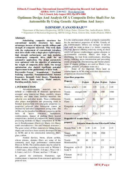 Pdf Optimum Design And Analysis Of A Composite Drive Shaft For An