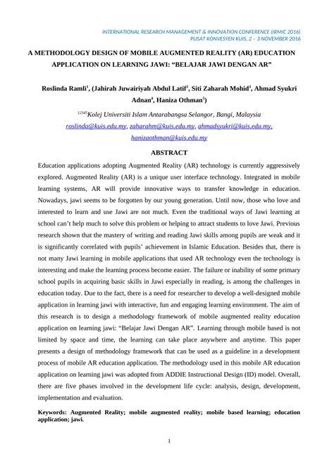 Pdf A Methodology Design Of Mobile Augmented Reality Ar Education Application On Learning