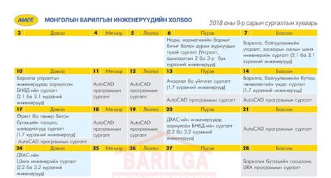Инженерүүдэд зориулсан багц цагийн сургалтуудын хуваарь