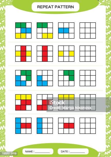 패턴을 반복 합니다 컬러 풀 사각형이 있는 큐브 그리드 유치원 아이 들을 위한 특별 한 미세 운동 능력을 연습 하기 위한 워크 시트 기술 작업을 개선 합니다 녹색 A4 스냅